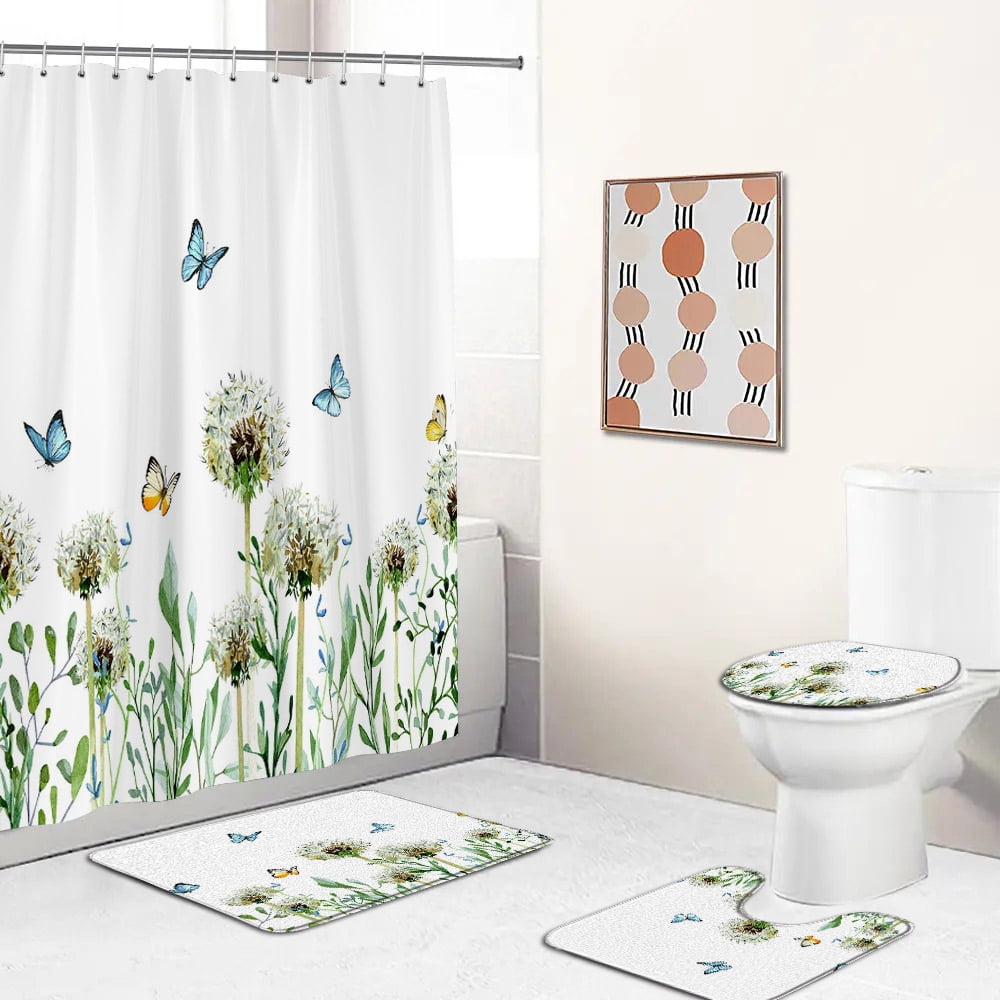 Dandelion Bath Curtain Set Plants Butterfly Minimalist Nordic Greenery ...
