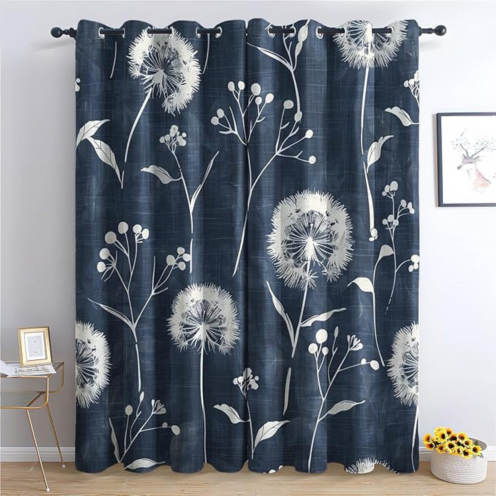 Dandelion Blackout Curtains, Navy Botanical White Floral Patterned ...