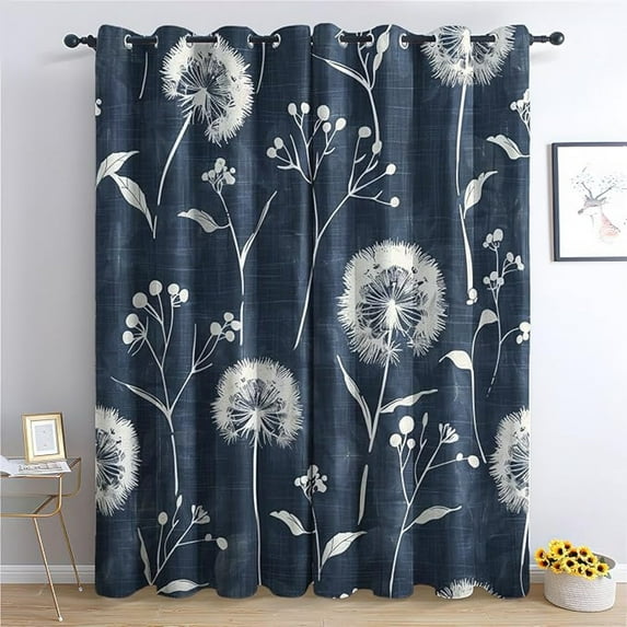 Dandelion Blackout Curtains, Navy Botanical White Floral Patterned ...