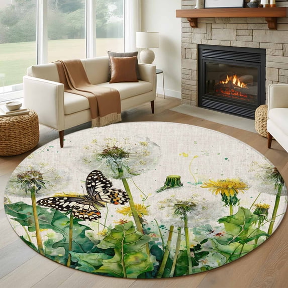 Dandelion Field Round Rugs for Living Room 5ft Yellow Flower Monarch ...
