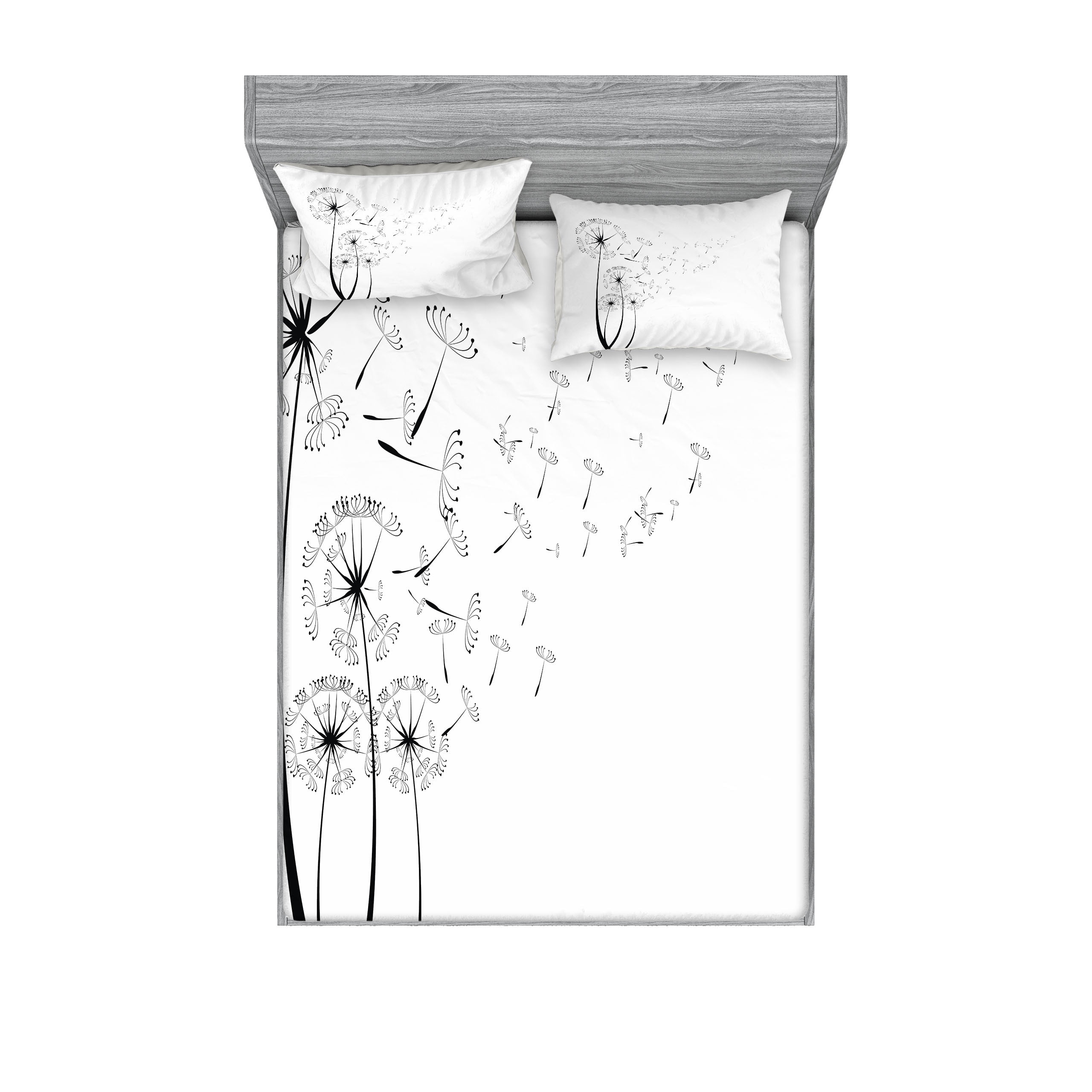 Dandelion Fitted Sheet & Pillow Sham Set, Monochrome Dandelions Blowing ...