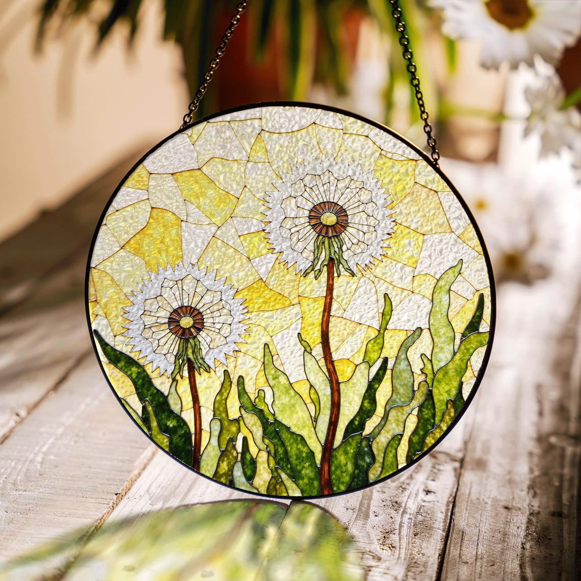 Dandelion Flower Field Glass Suncatcher, Nature Art Panel, 3.5 in ...