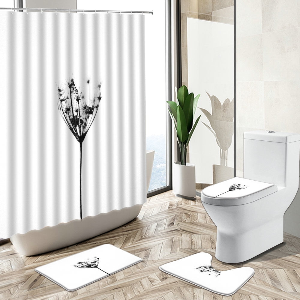 Dandelion Flower Pattern Shower Curtain Set Black White Creativity ...