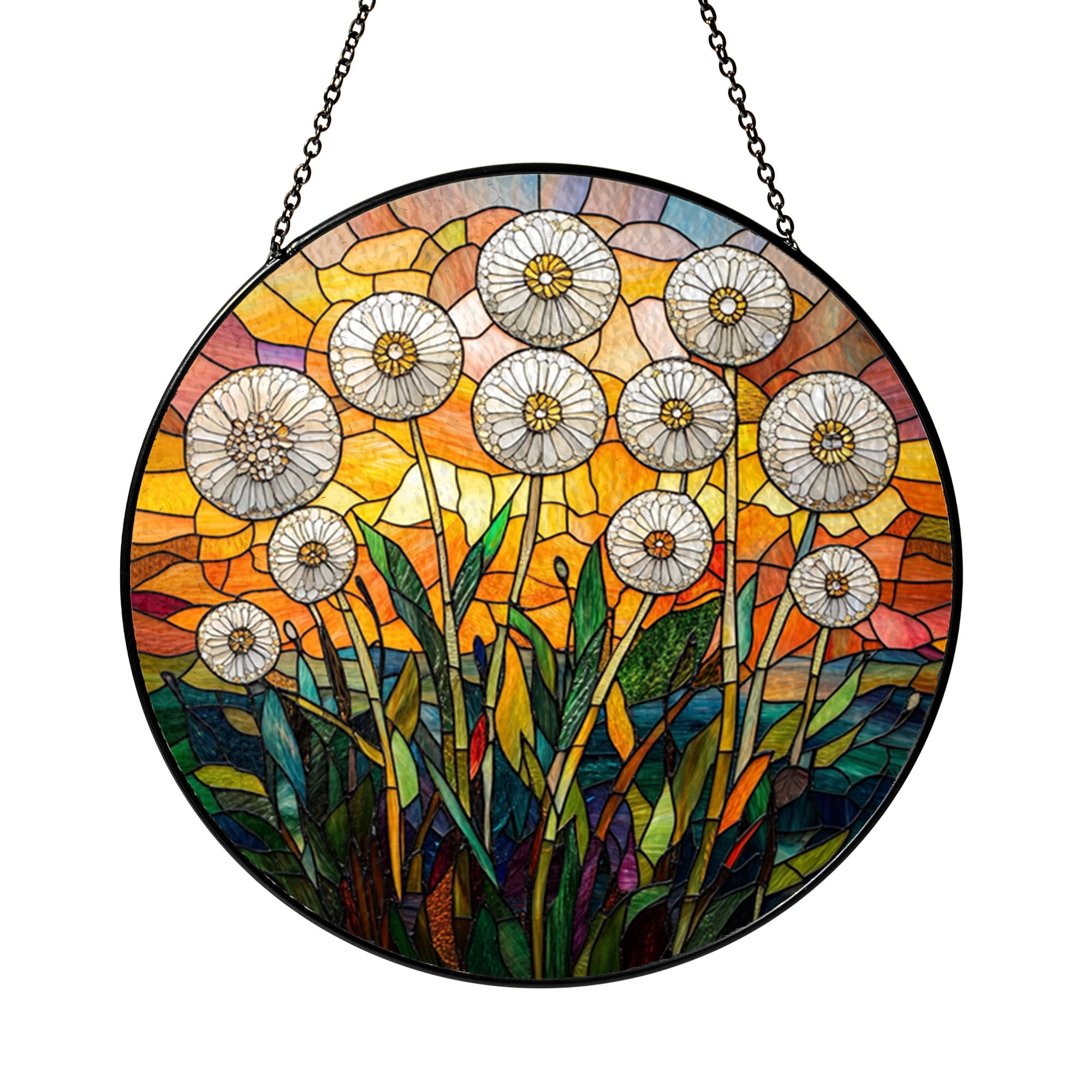 Dandelion Meadow Stained Glass Suncatcher – Botanical Sunset Window Art ...