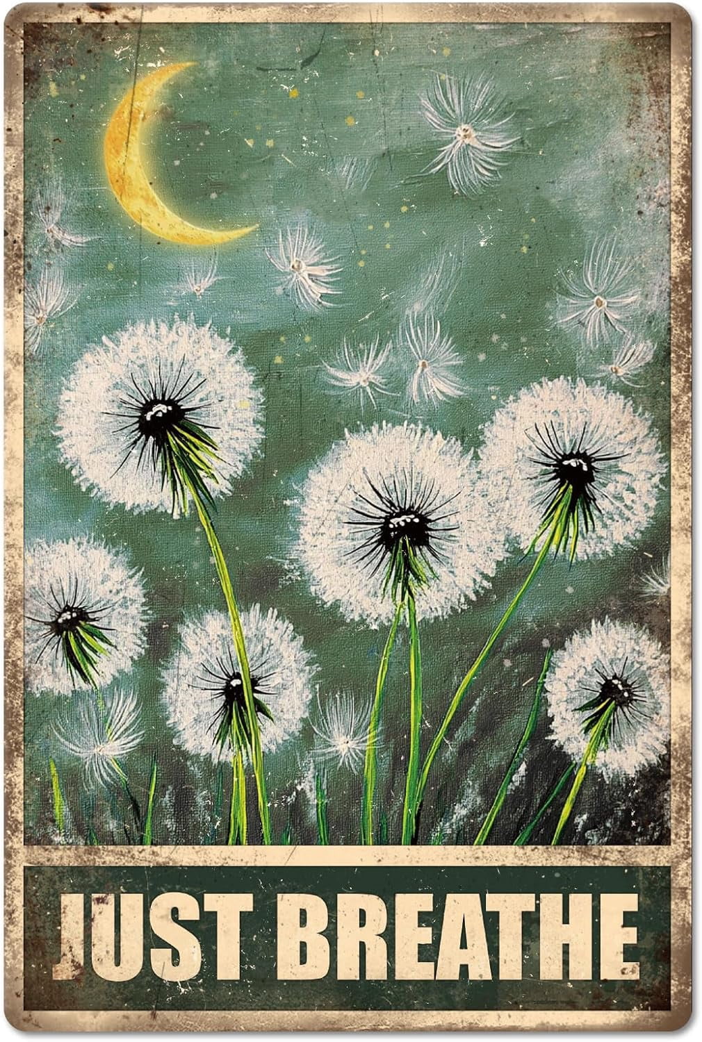 Dandelion Moon Metal Tin Sign "JUST BREATHE" Vintage Painting Tin Signs ...