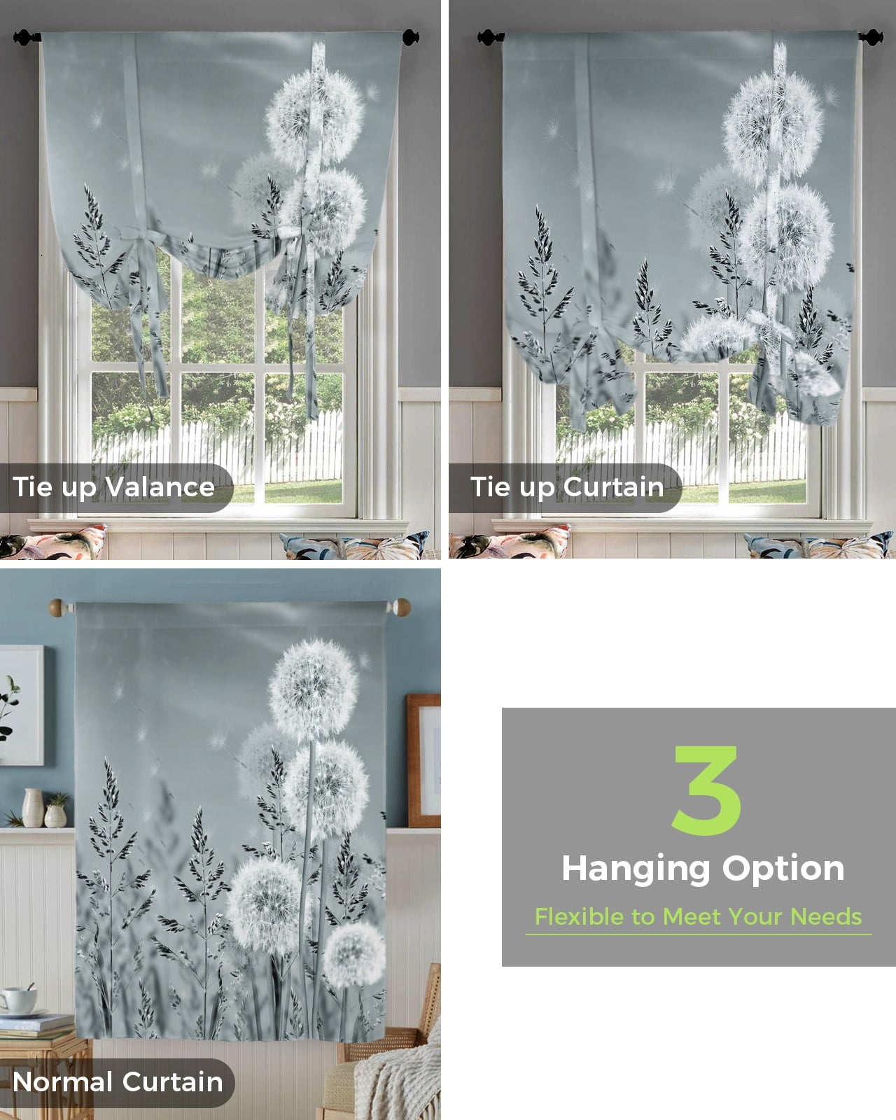 Dandelion Plant White Black Window Curtain for Living Room Roman ...