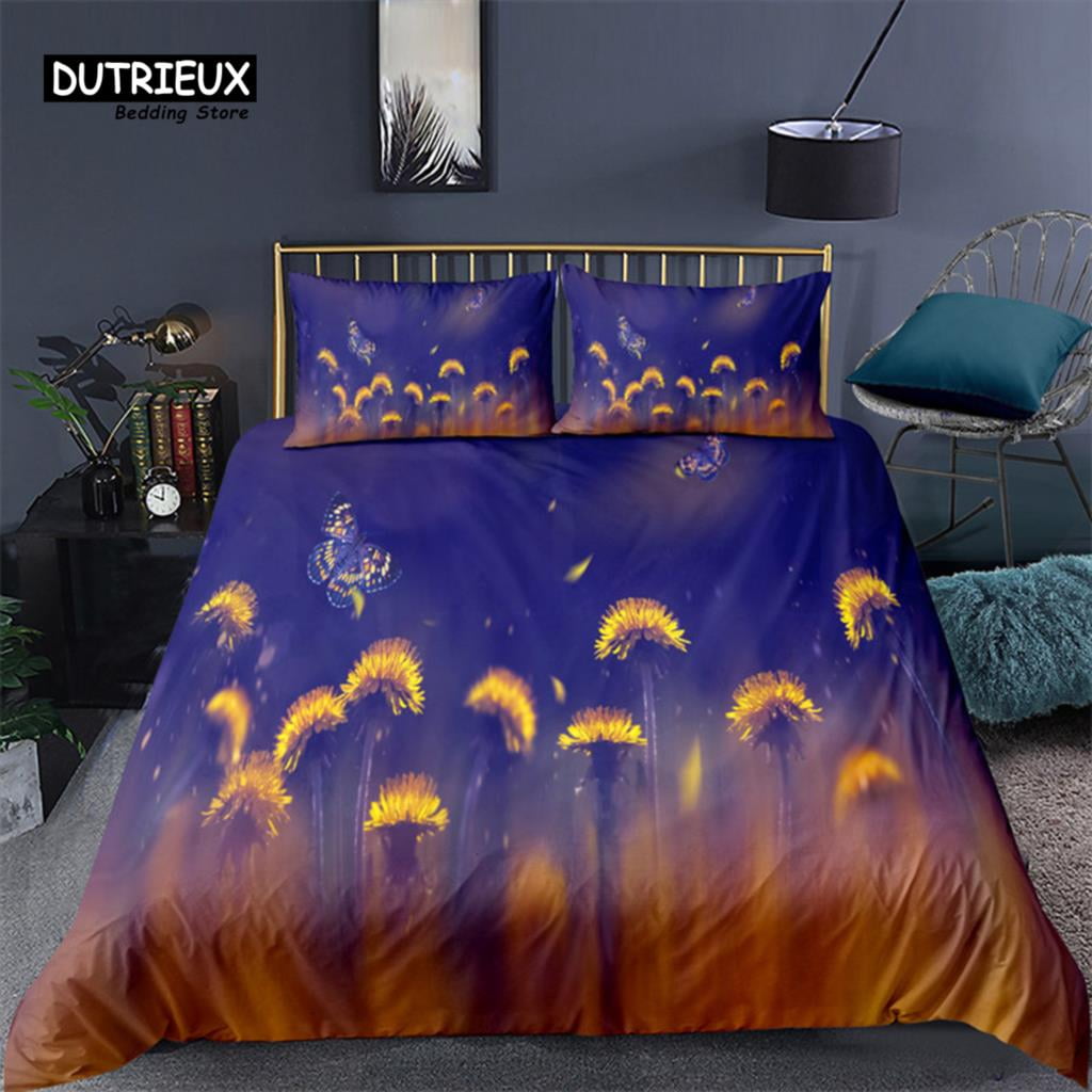 Dandelion Print Bedding Set Microfiber Monochrome Dandelions Blowing In The Wind Fluffy Flower ...
