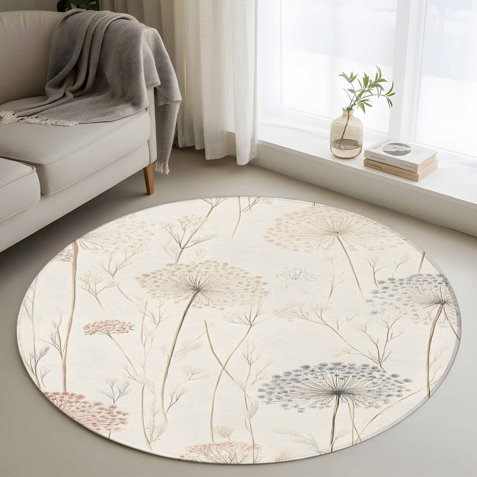 Dandelion Retro Leaves Round Rug 3ft Washable Circle Entryway Rugs Non ...