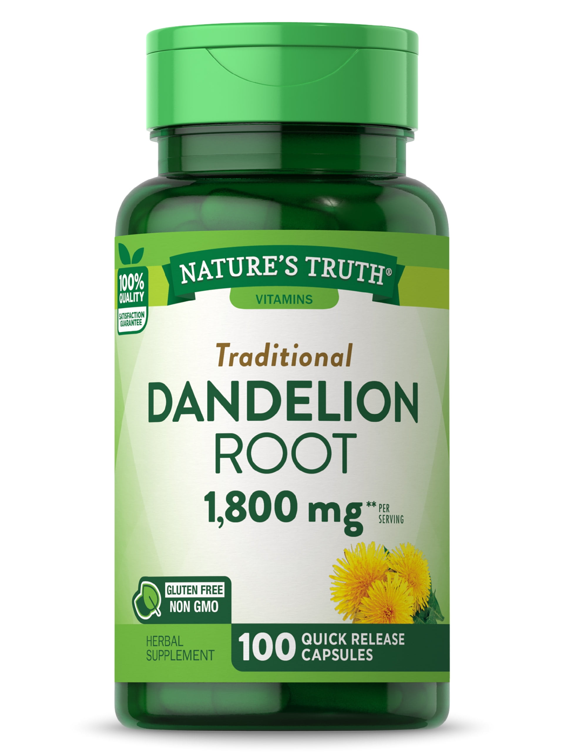 Nature's Truth Dandelion Root Capsules, 1800mg, 100 Count, Non-GMO ...