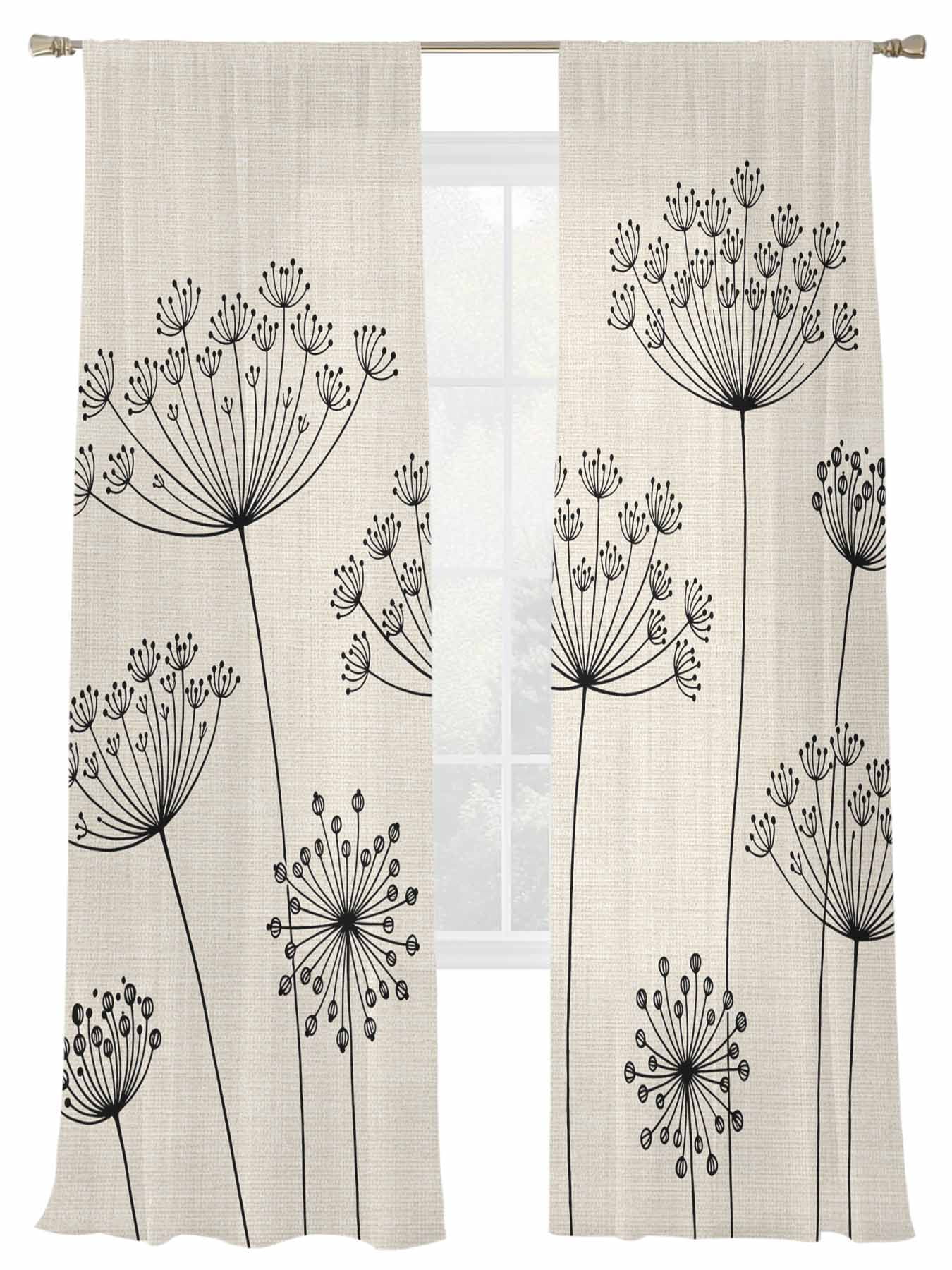 Dandelion Sheer Curtains 2 Panels Set Spring Black Dandelion Floral ...