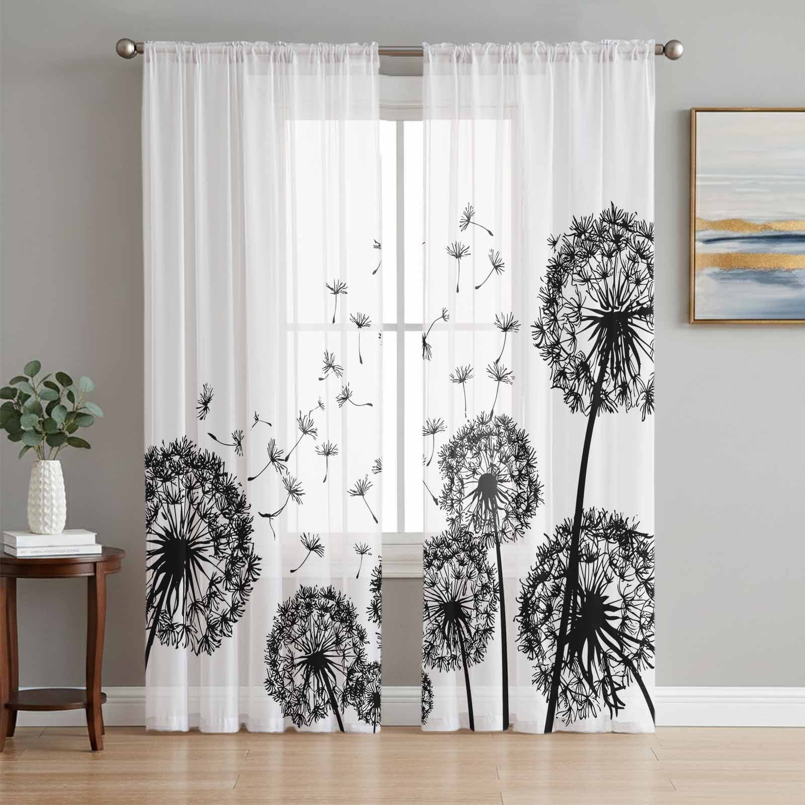 Dandelion Sheer Curtains 72 Inch Length 2 Panels Set, Black White ...
