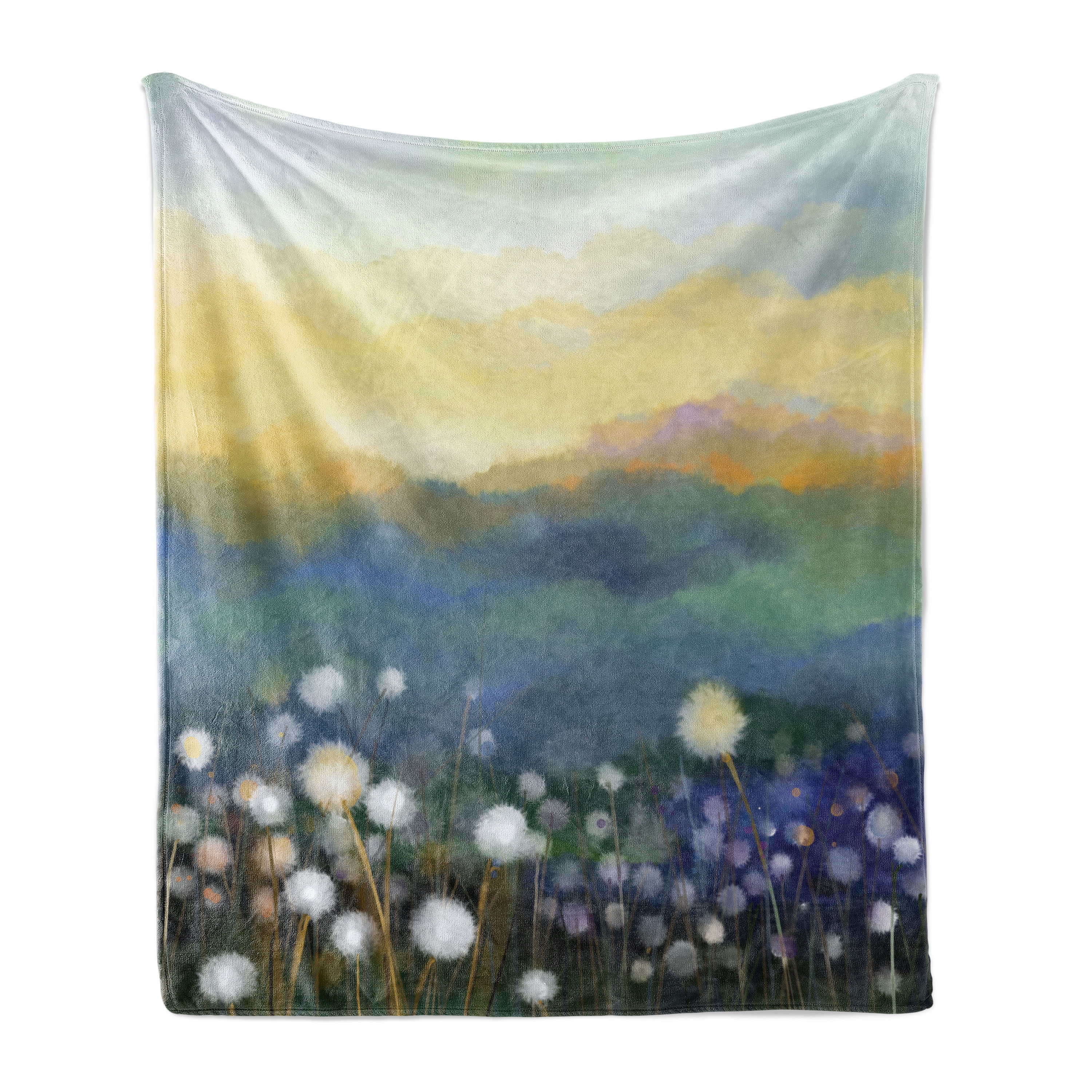 Dandelion Soft Flannel Fleece Throw Blanket, Oil Painting Effect Floral Scene and Mountains ...