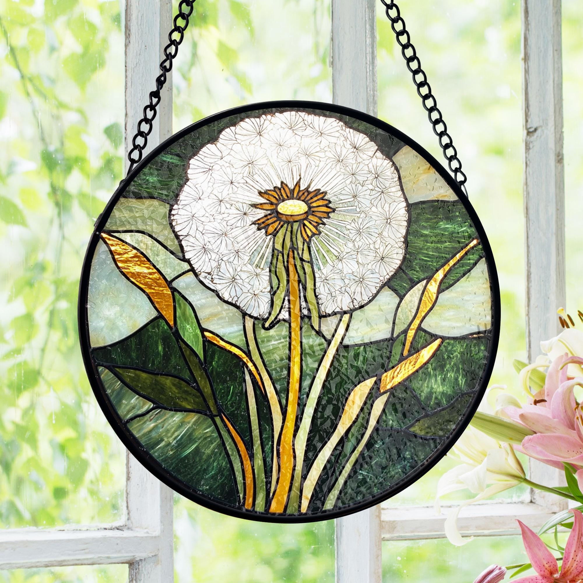 Dandelion Suncatcher Stained Glass, Nature Window Decor, Botanical ...