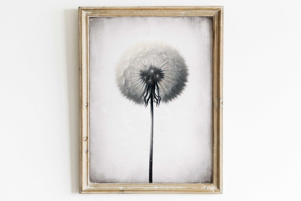 Dandelion Wall Art, Minimalist Dandelion Art Print, Vintage Flower Wall Art, Modern Farmhouse ...
