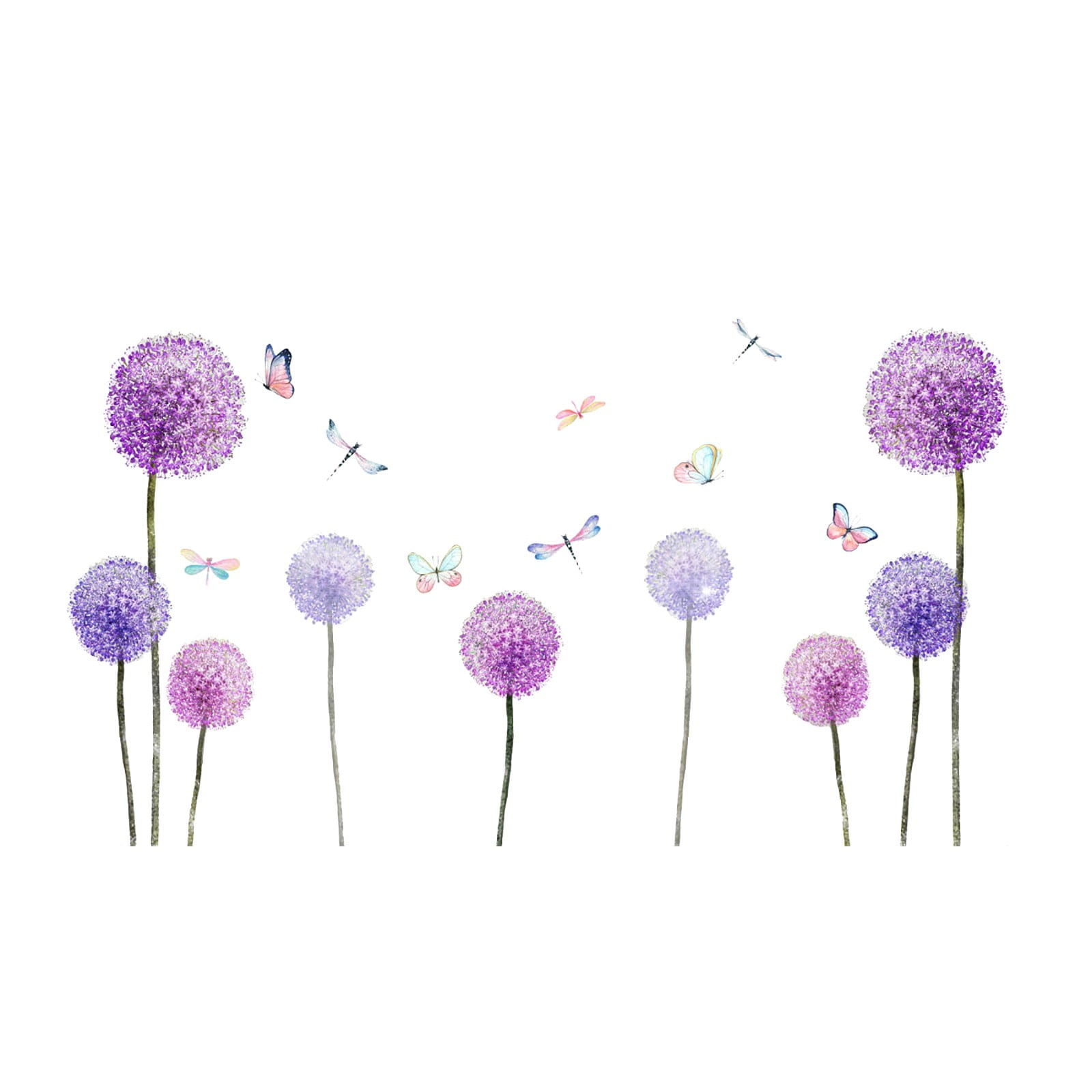 Dandelion Wall Decals Flying Violet Flowers Butterflies Wall Stickers ...