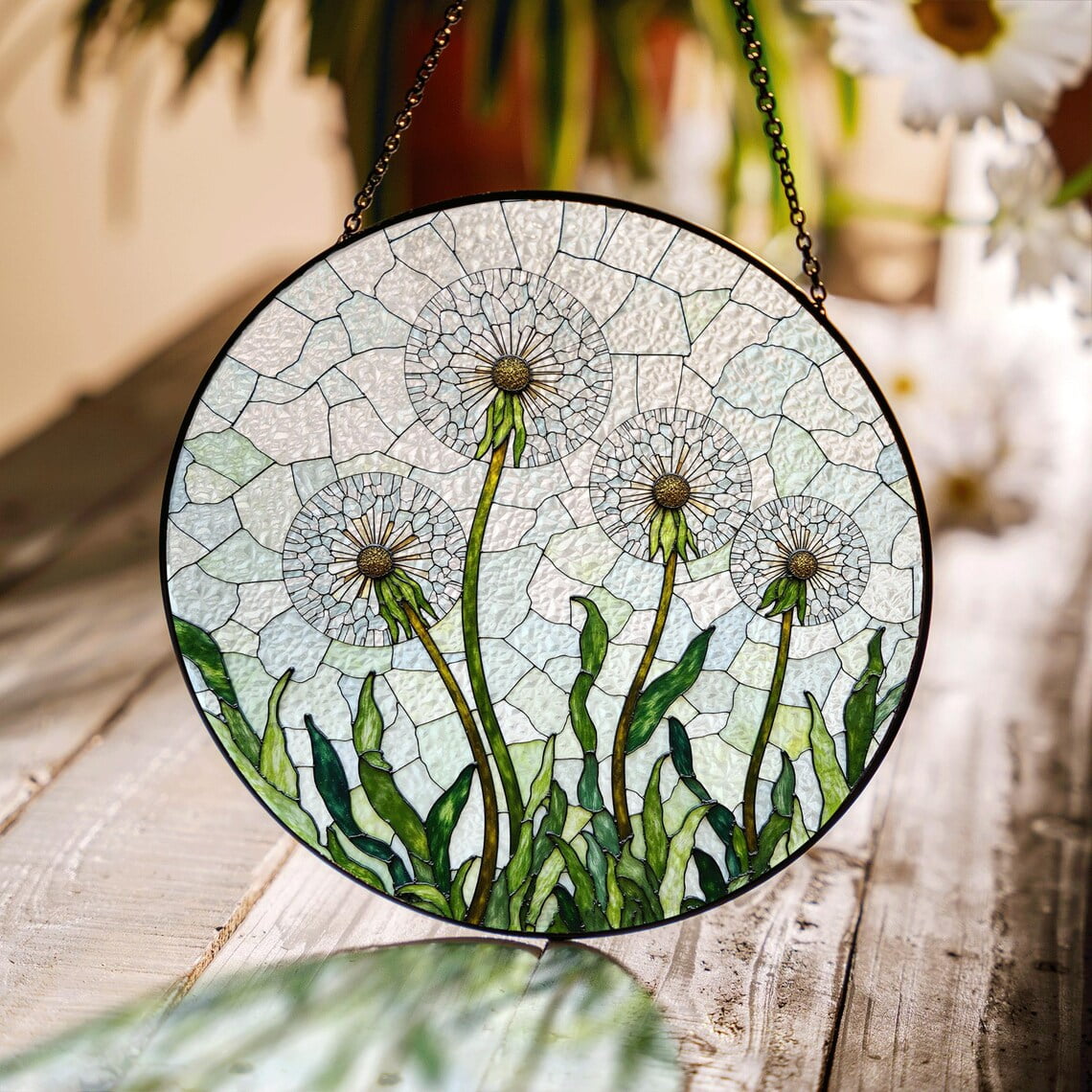 Dandelion flower round stained glass suncatcher nature decor gift for ...