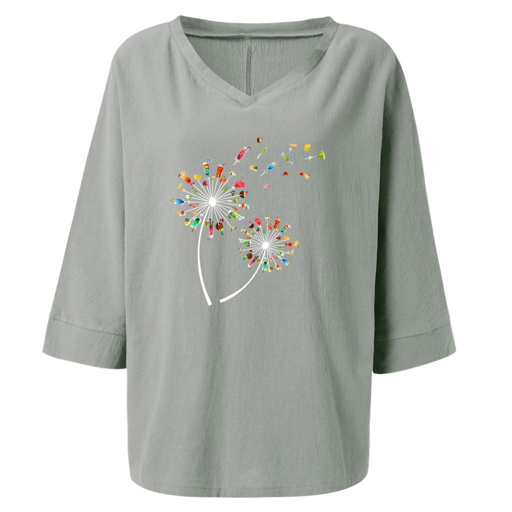 Dandelion flower three-quarter collar loose cotton and linen top ...