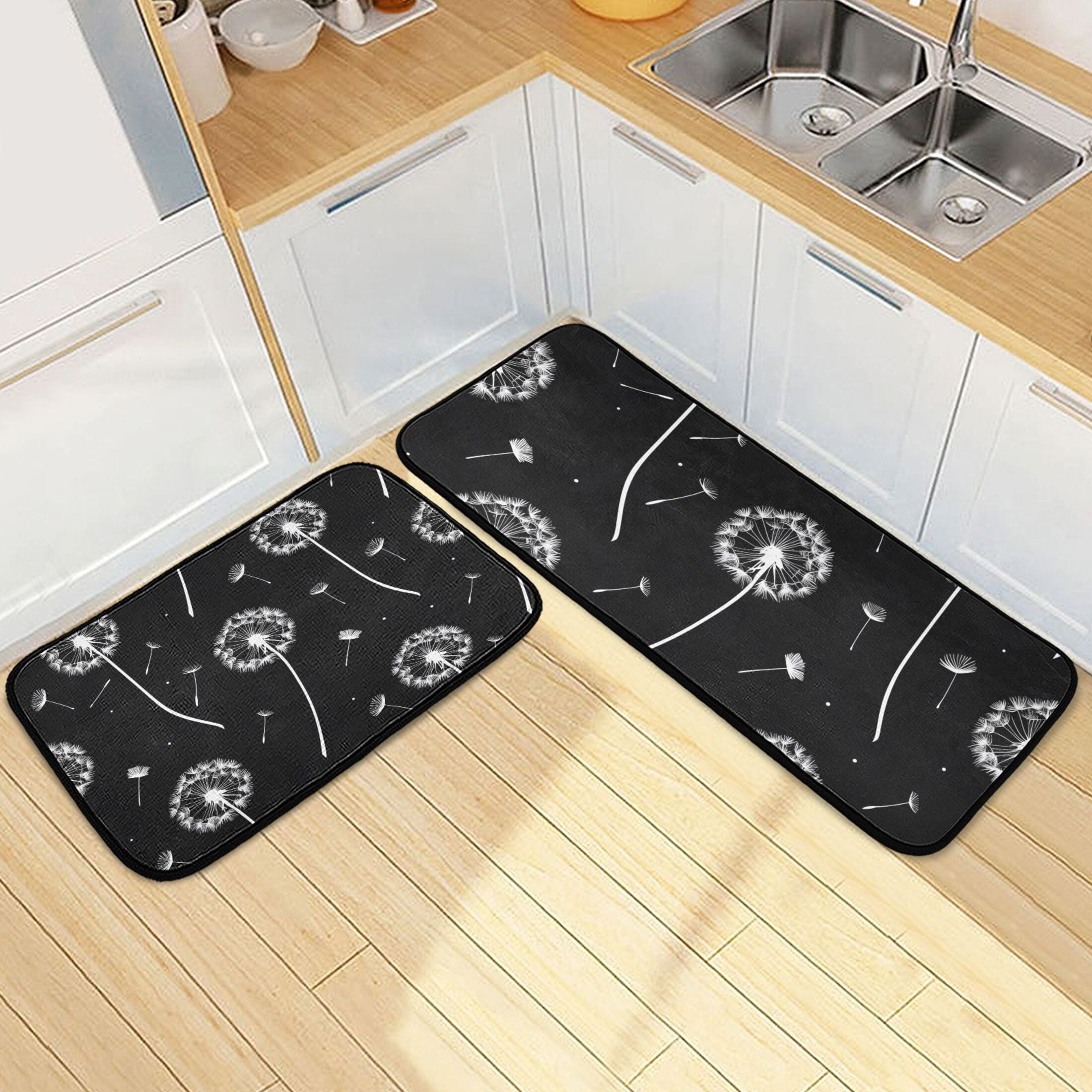 Dandelion on Black Kitchen Rugs Set of 2 Non Slip Floor Foam Mat ...