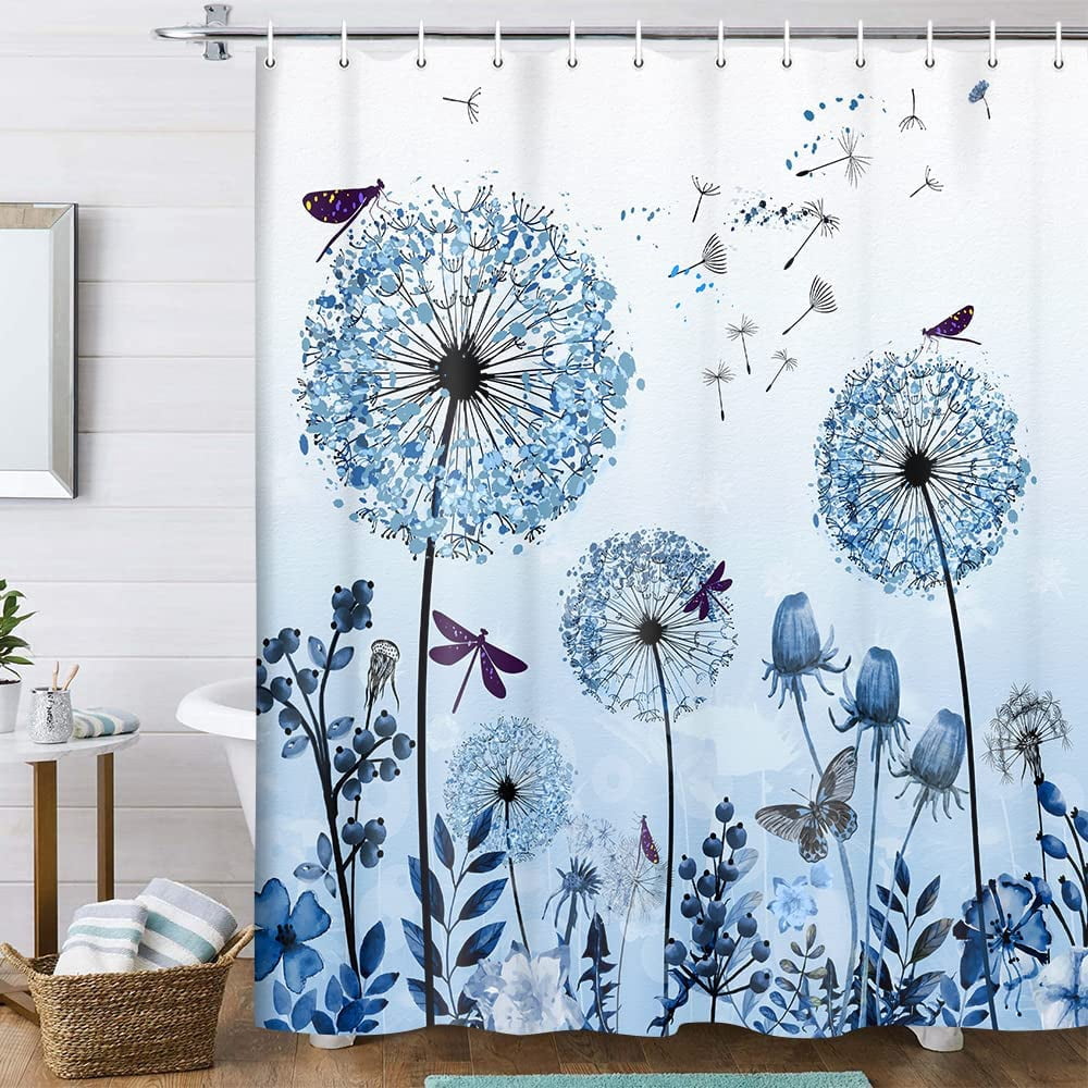 Dandelions Dragonflies Shower Curtain Teal Blue Decor Wildflower Floral ...