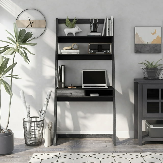 Dane 3-Shelf Wood Black and Distressed Gray Ladder Desk with Drawer ...