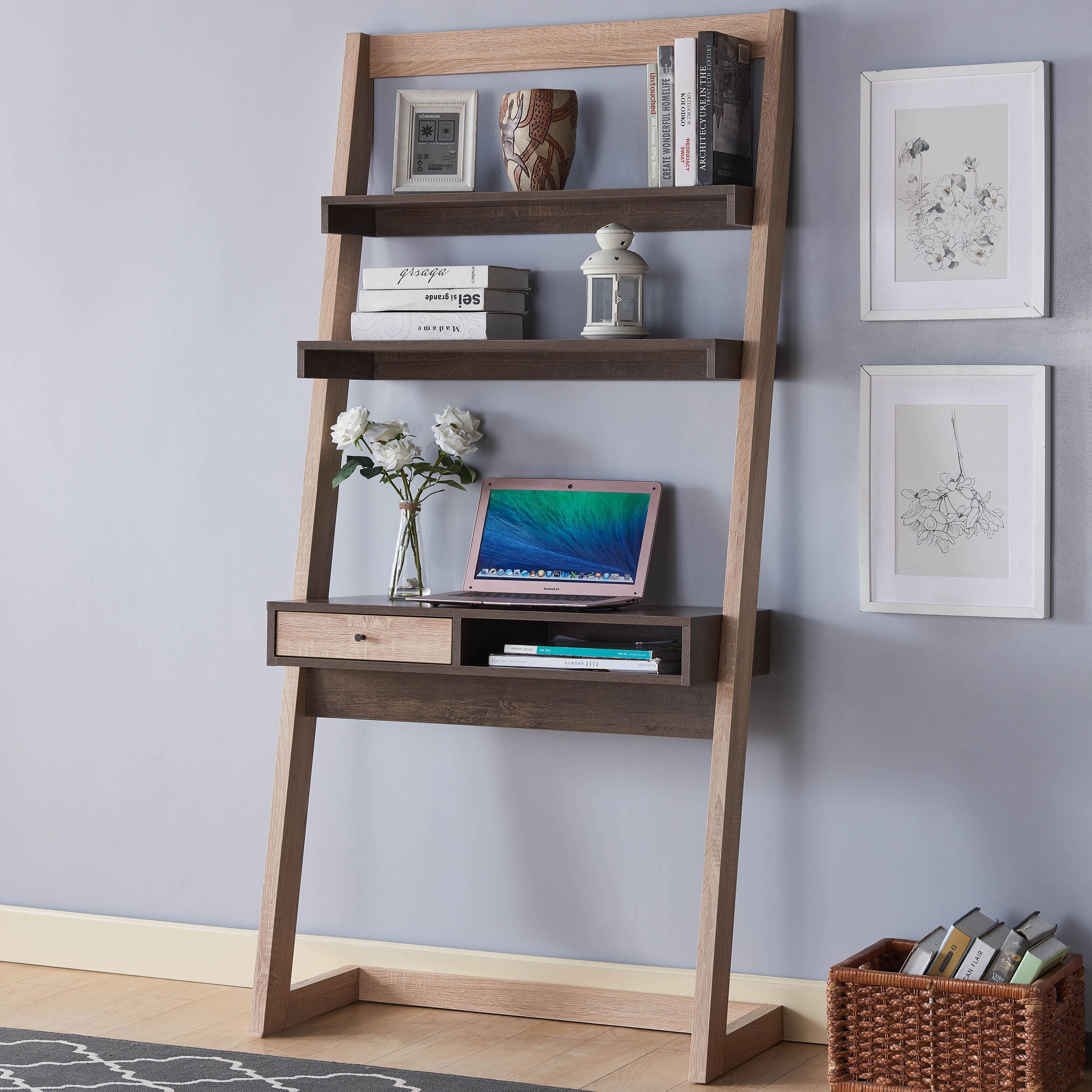Dane 3-Shelf Wood Weathered White and Walnut Oak Ladder Desk with ...