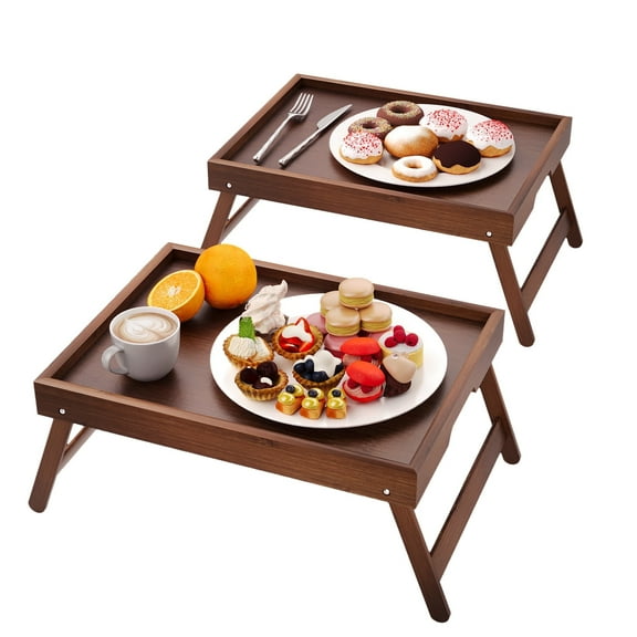 Bed Tray Table with Folding Legs, Bamboo Breakfast Food Tray with Media ...