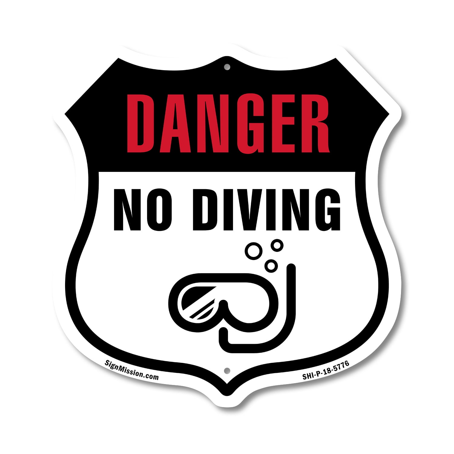 Danger No Diving 6 inch X 6 inch Shield Shaped Commercial Grade Plastic ...