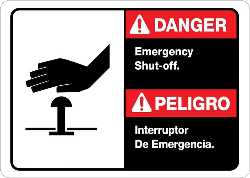 Danger Spanish Bilingual Emergency Shut Off Sign Safety Restriction ...