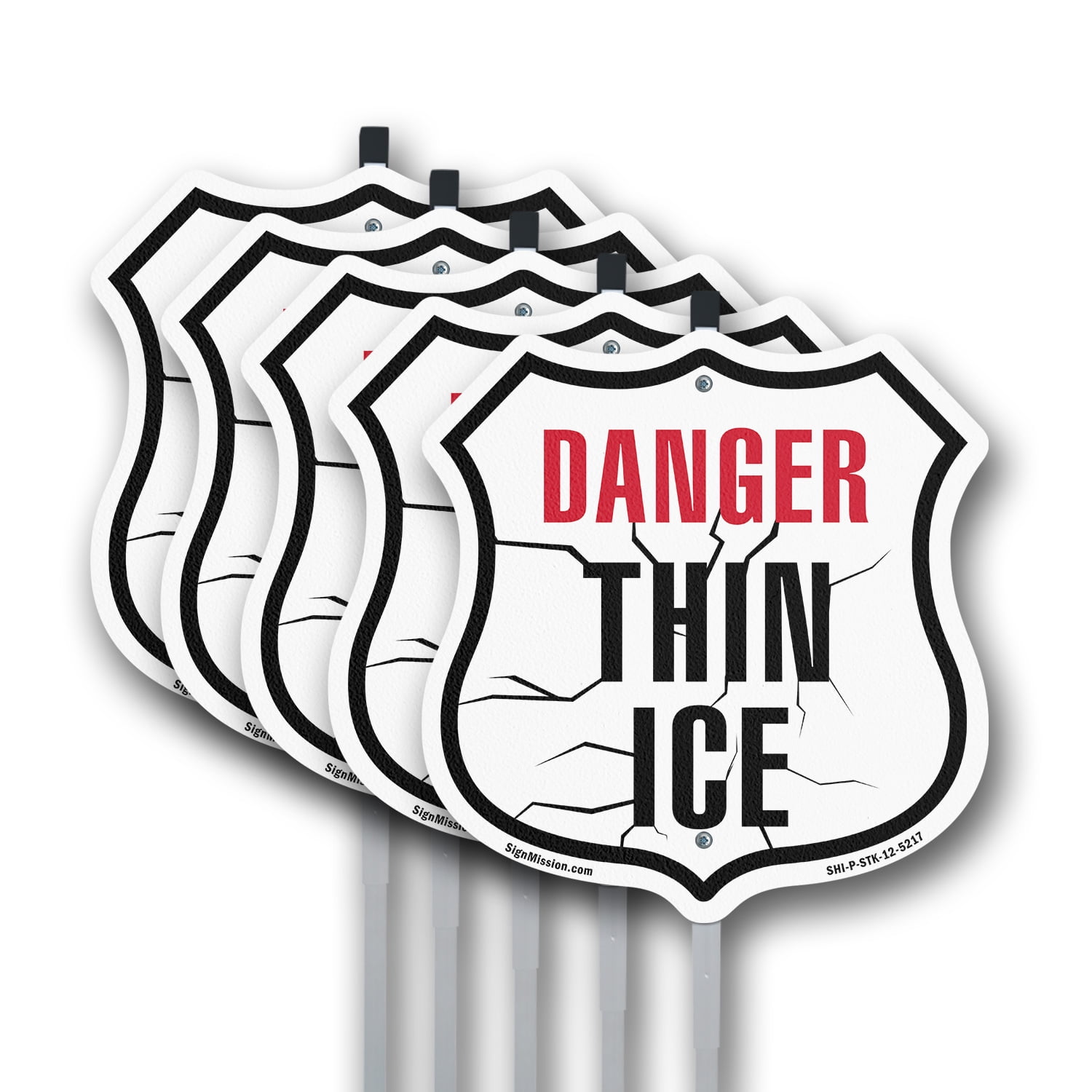 Danger Thin Ice (5 Pack) 12 inch X 12 inch Shield Shaped Commercial ...