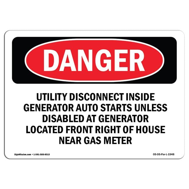 Danger Utility Disconnect Inside Generator Auto OSHA Decal Sign ...