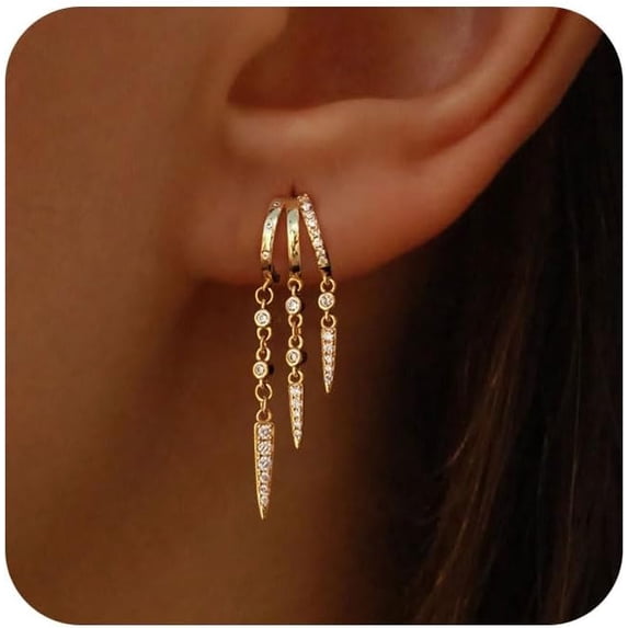 Dangle Earrings for Women,14k Gold Plated Triple Huggie Stud Earrings ...