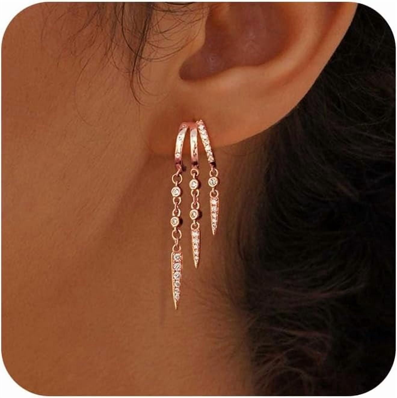 Dangle Earrings for Women,14k Gold Plated Triple Huggie Stud Earrings ...
