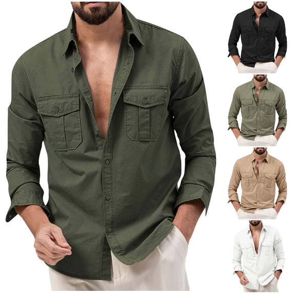 Danhjin Cargo Shirts for Men Button Down Long Sleeve Collar Casual Tops ...