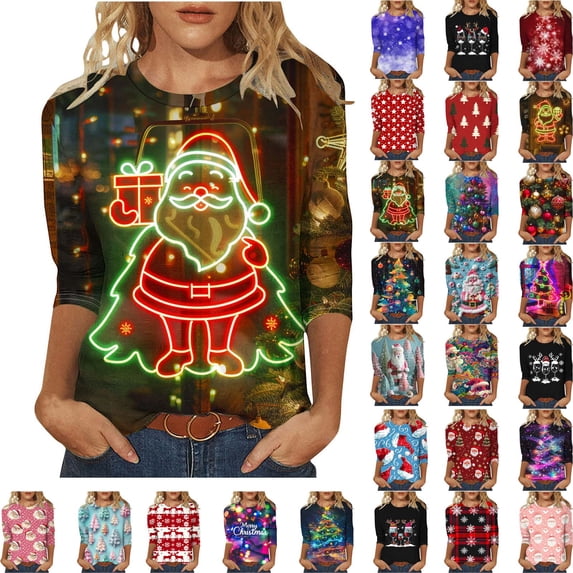Danhjin Christmas Shirts for Women Print 3/4 Sleeve Crew Neck Fashion ...