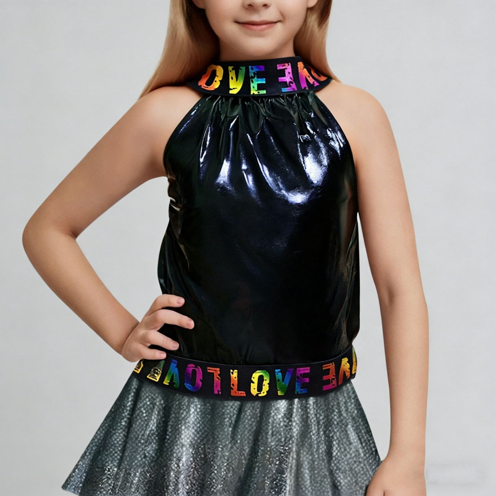 Danhjin Girls Dance Crop Tank Top for Kids Halter Neck Shiny ...