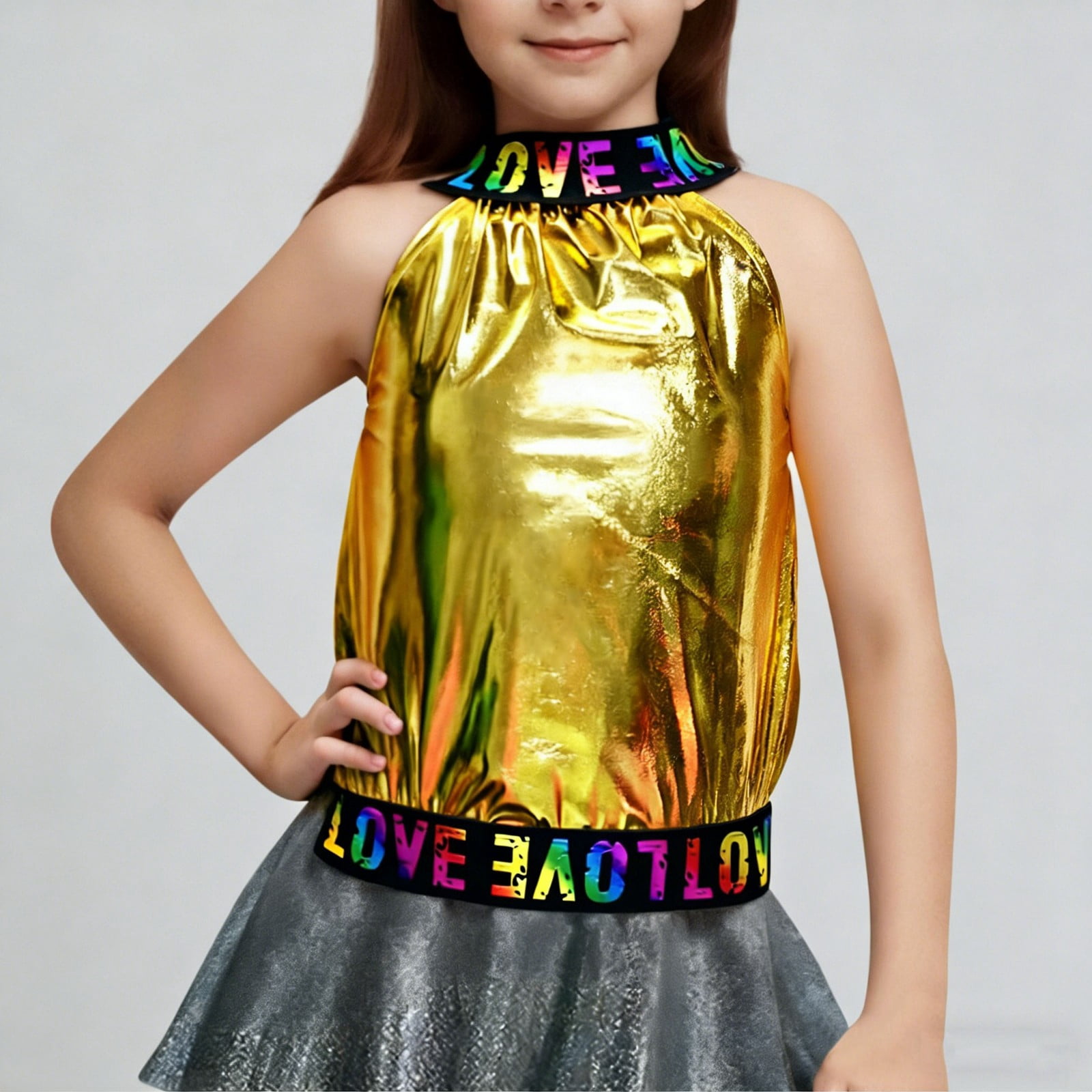 Danhjin Girls Dance Crop Tank Top for Kids Halter Neck Shiny ...