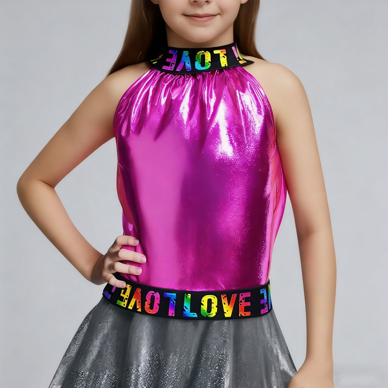 Danhjin Girls Dance Crop Tank Top for Kids Halter Neck Shiny ...