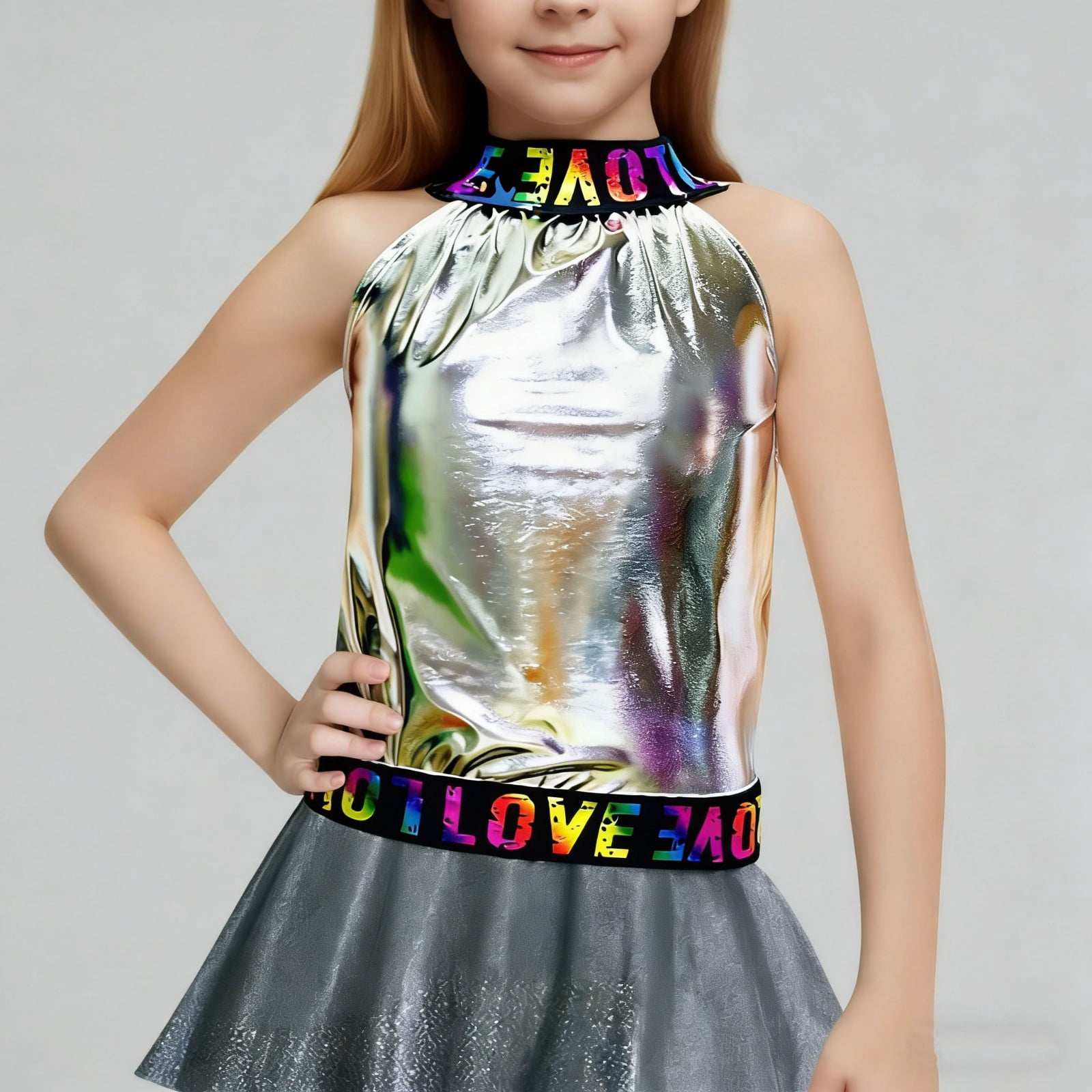 Danhjin Girls Dance Crop Tank Top for Kids Halter Neck Shiny ...
