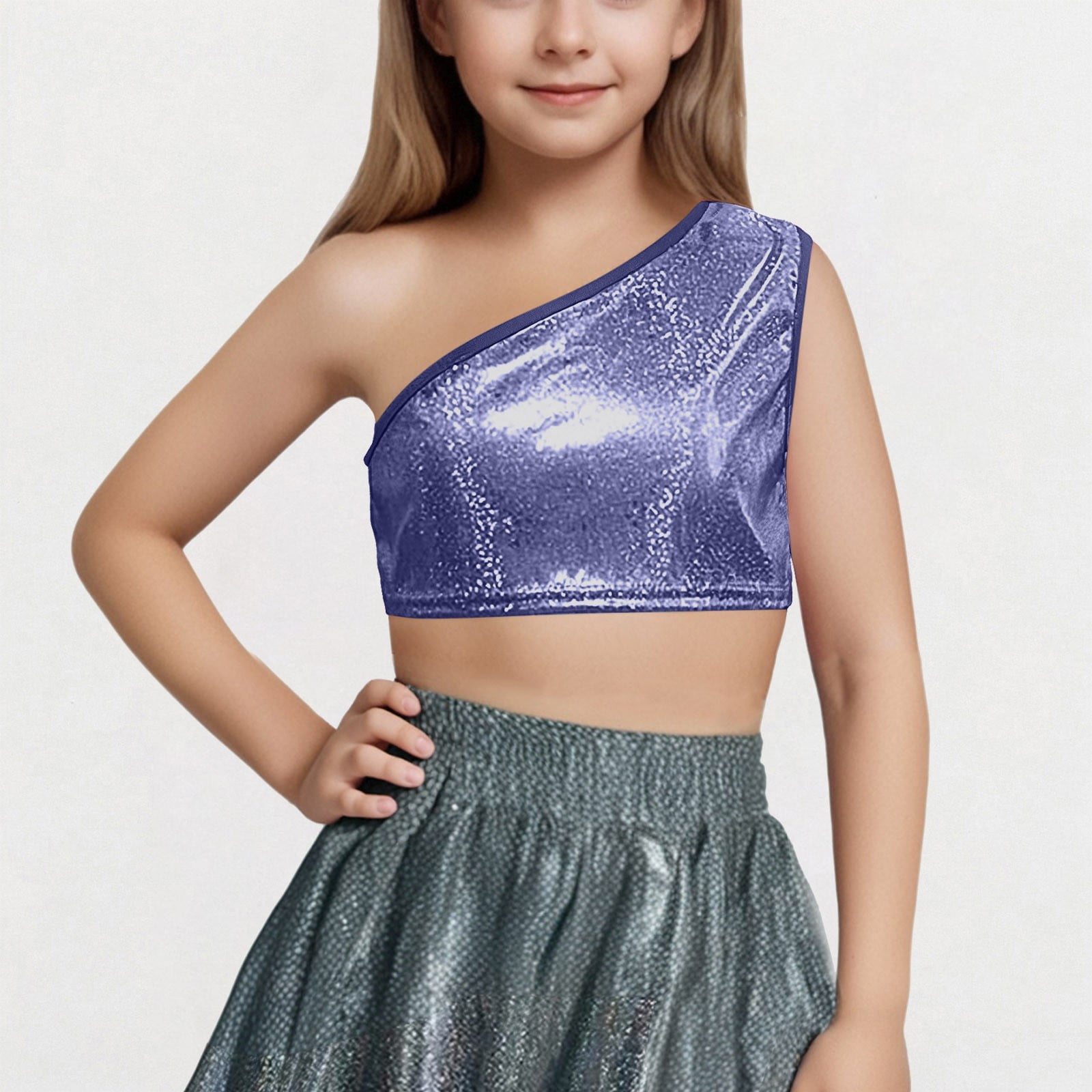 Danhjin Kids Girls Dance Crop Tops One-Shoulder Sequins Jazz Hip Hop ...