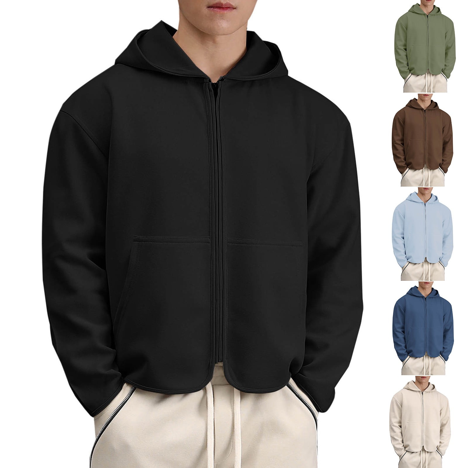 Danhjin Loose Hoodies for Men Full Zipper Jackets Solid Color Long ...