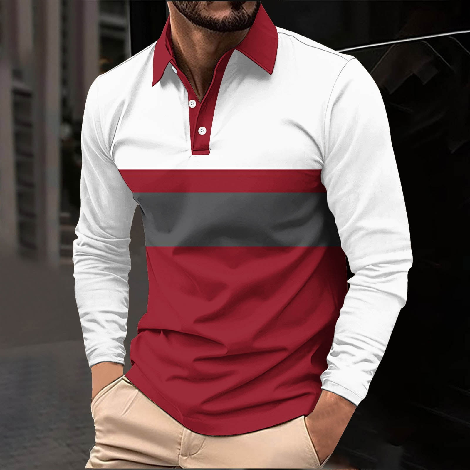 Danhjin Mens Lapel Casual T-Shirts Color Matching Fashion Shirt Top ...