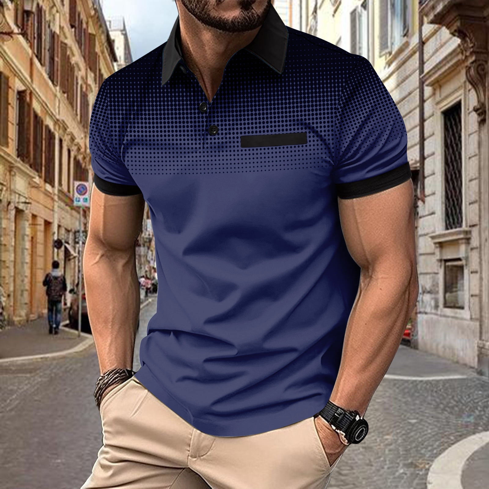 Danhjin Mens Lapel Casual T-Shirts Gradient Color Fashion Shirt Top ...