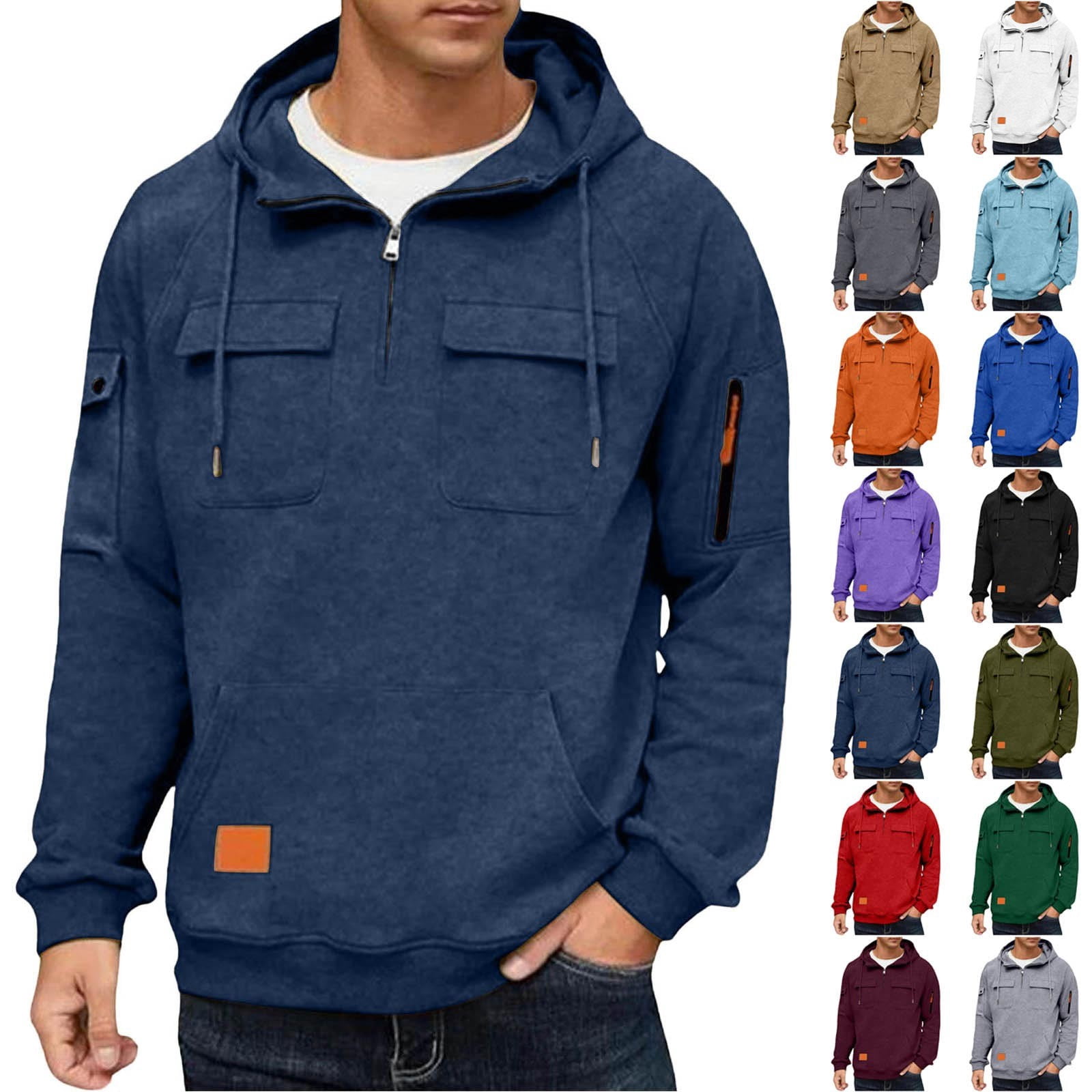 Danhjin Mens Quarter Zip Hoodies Multi Pockets Sweatshirts Pullover ...