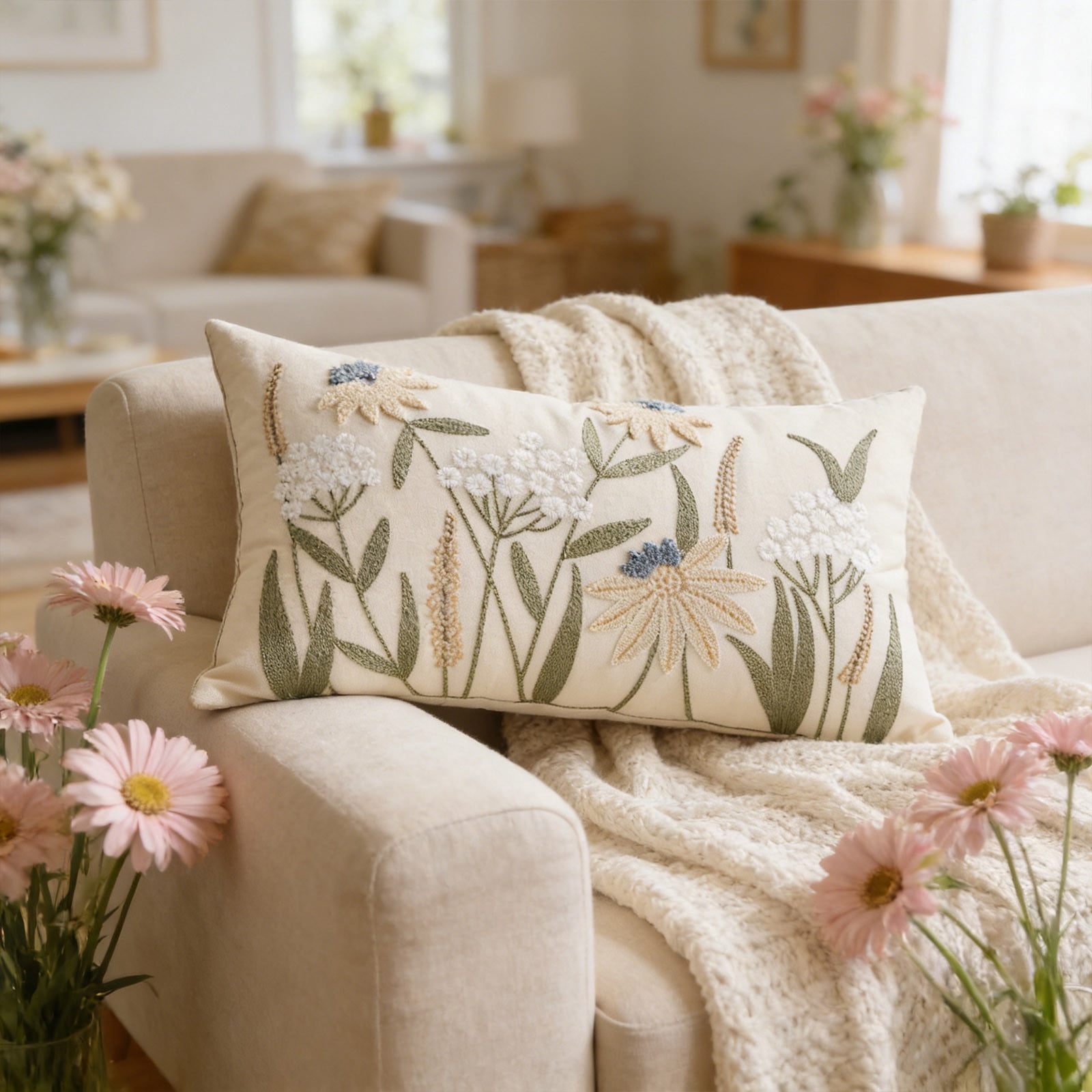 Danhjin Pillow Covers Soft Breathable Spring Floral Embroidered Throw ...