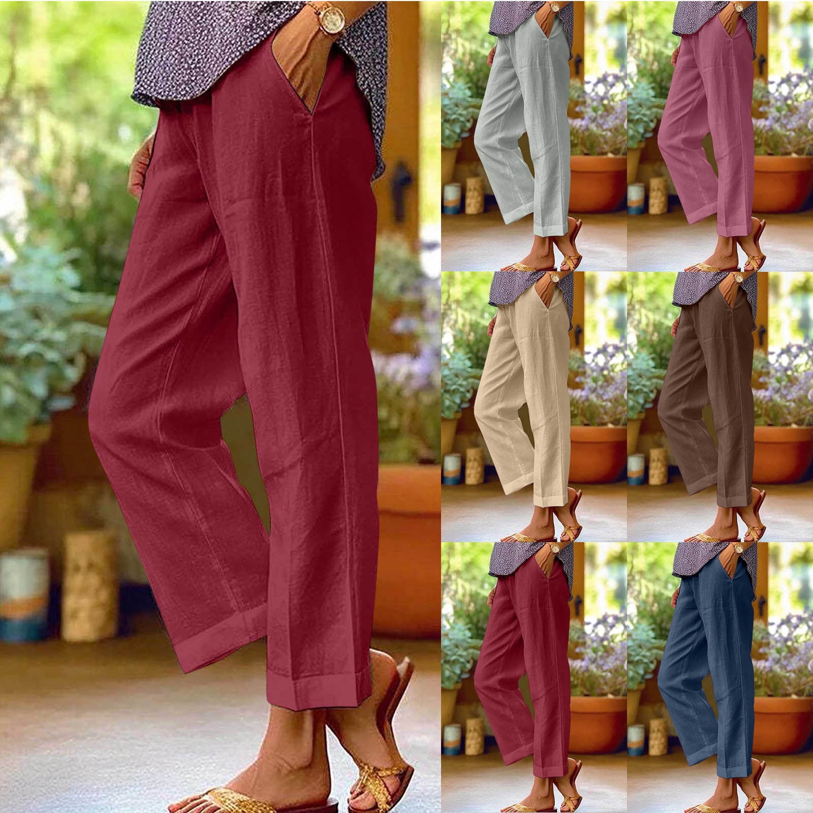Danhjin Red Linen Pants Women Joggers Wide Leg Pants Lightweight ...