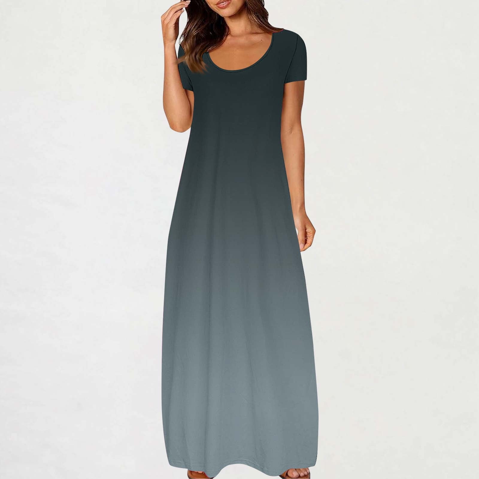 Summer Dresses for Women Casual Maxi Dress Cre W Neck Short Sleeve ...