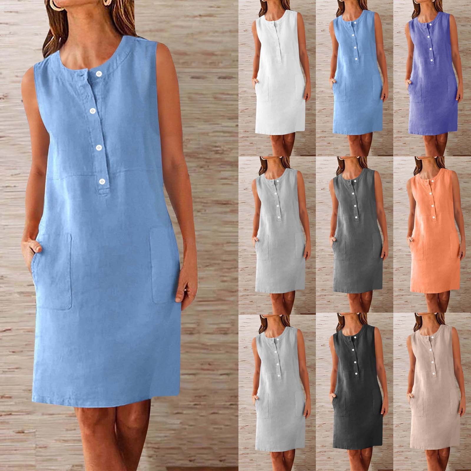 Kctiaxy Summer Dresses for Women Crew Neck Sleeveless Tank Dress Casual ...