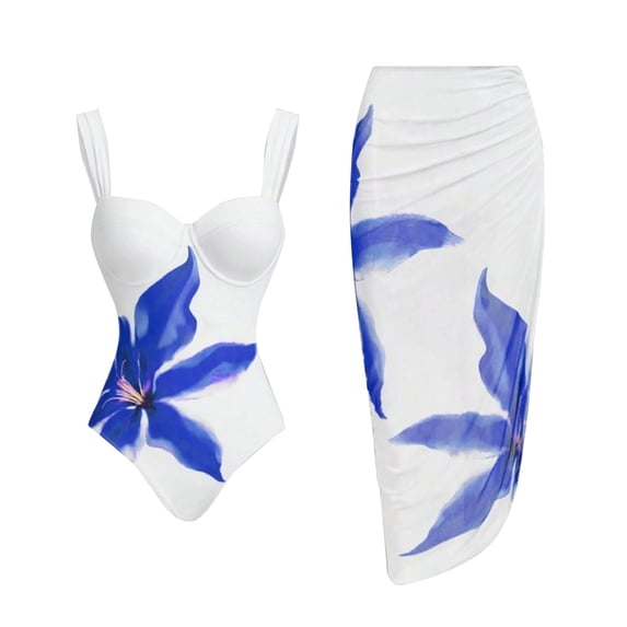Danhjin White Women 1 Piece Swimsuits with Sarong Floral Graphic V Neck ...