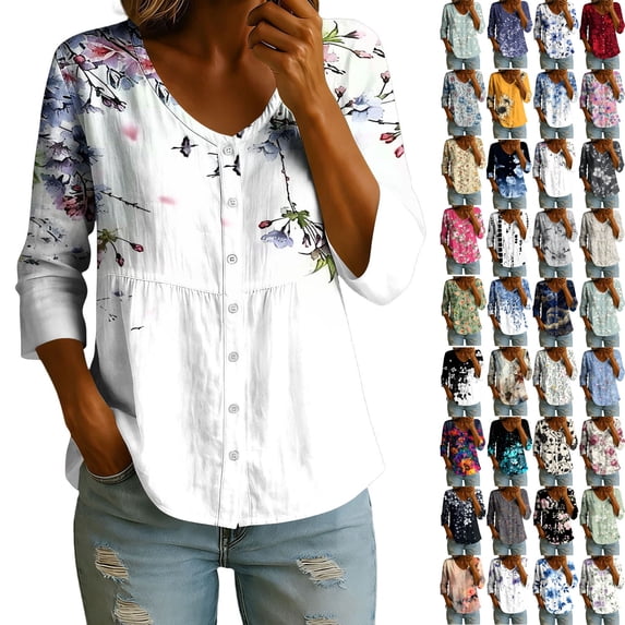 Danhjin Women's Button Down Shirts Floral Print 3/4 Sleeve Tops Elegant ...