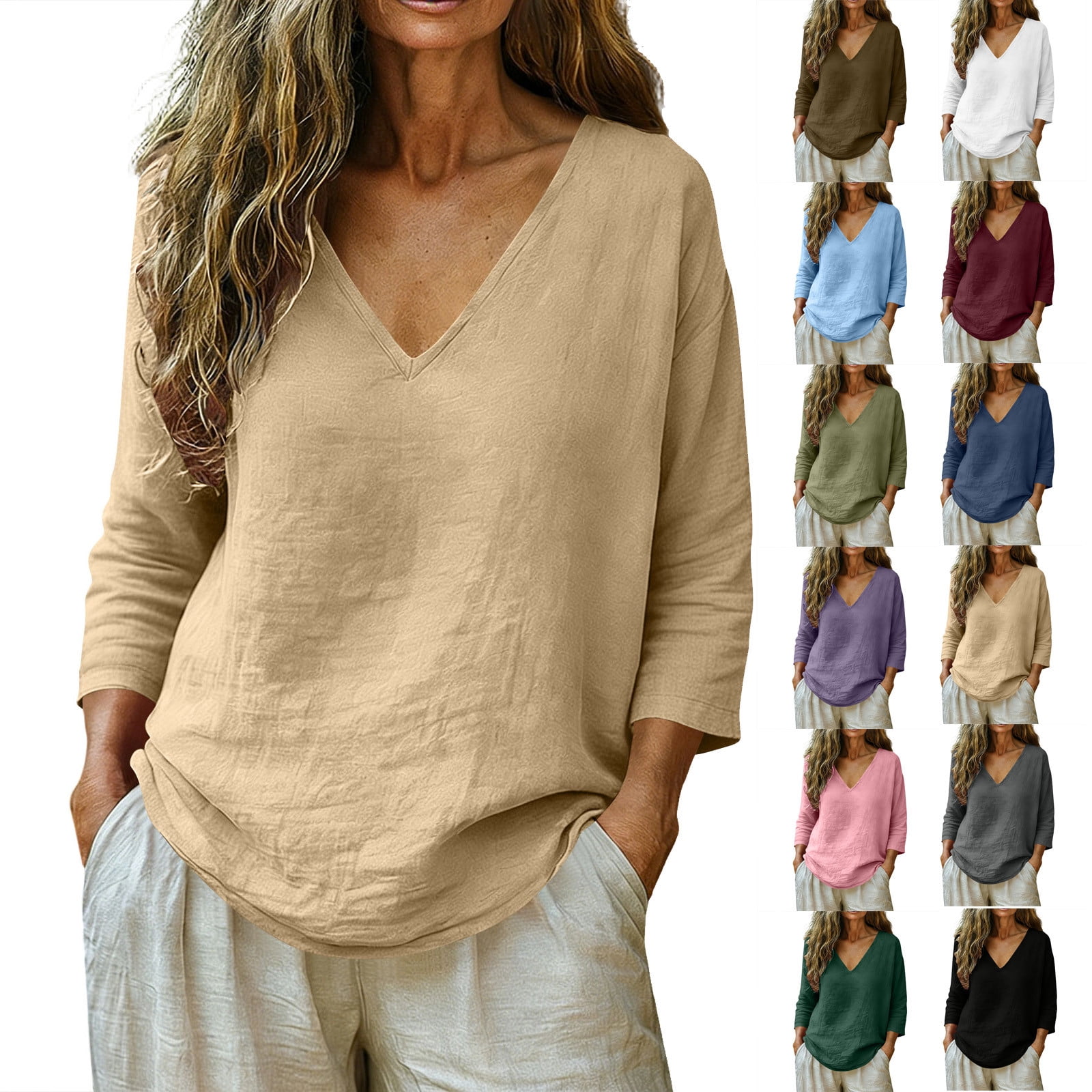 Danhjin Women's Casual Linen Tops 3/4 Sleeve V Neck Loose Fashion T ...